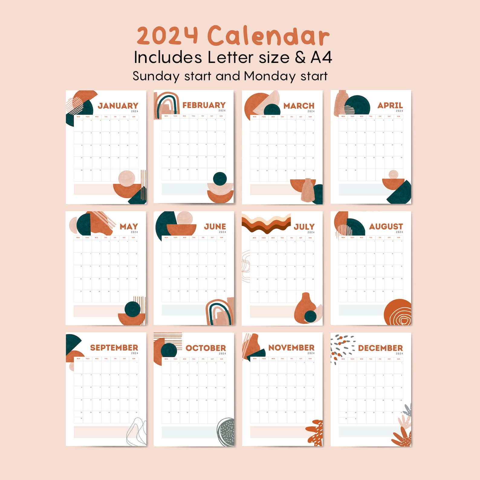 2024 Calendar Printable Boho Calendar Desk Calendar Monthly Do It ...
