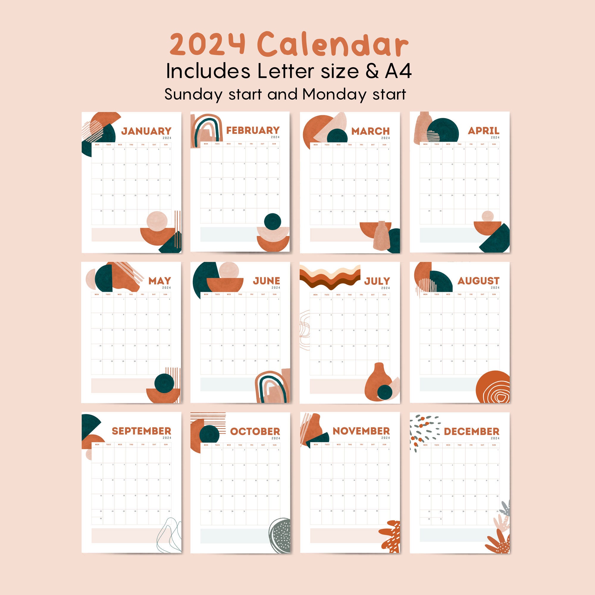 2024 Calendar Printable Boho Calendar Desk Calendar Monthly Do It ...