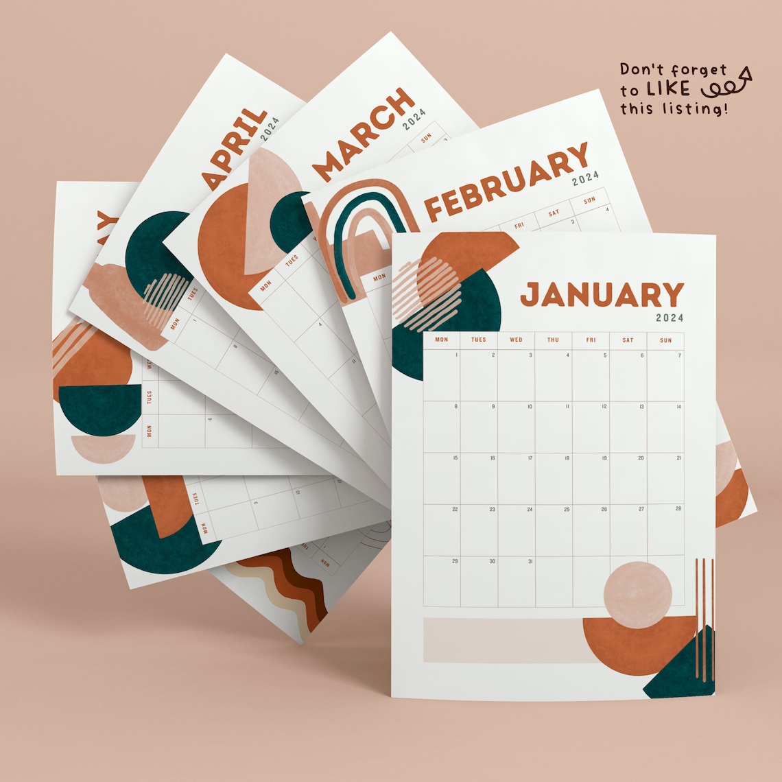 2024 Calendar Printable Boho Calendar Desk Calendar Monthly Do It ...