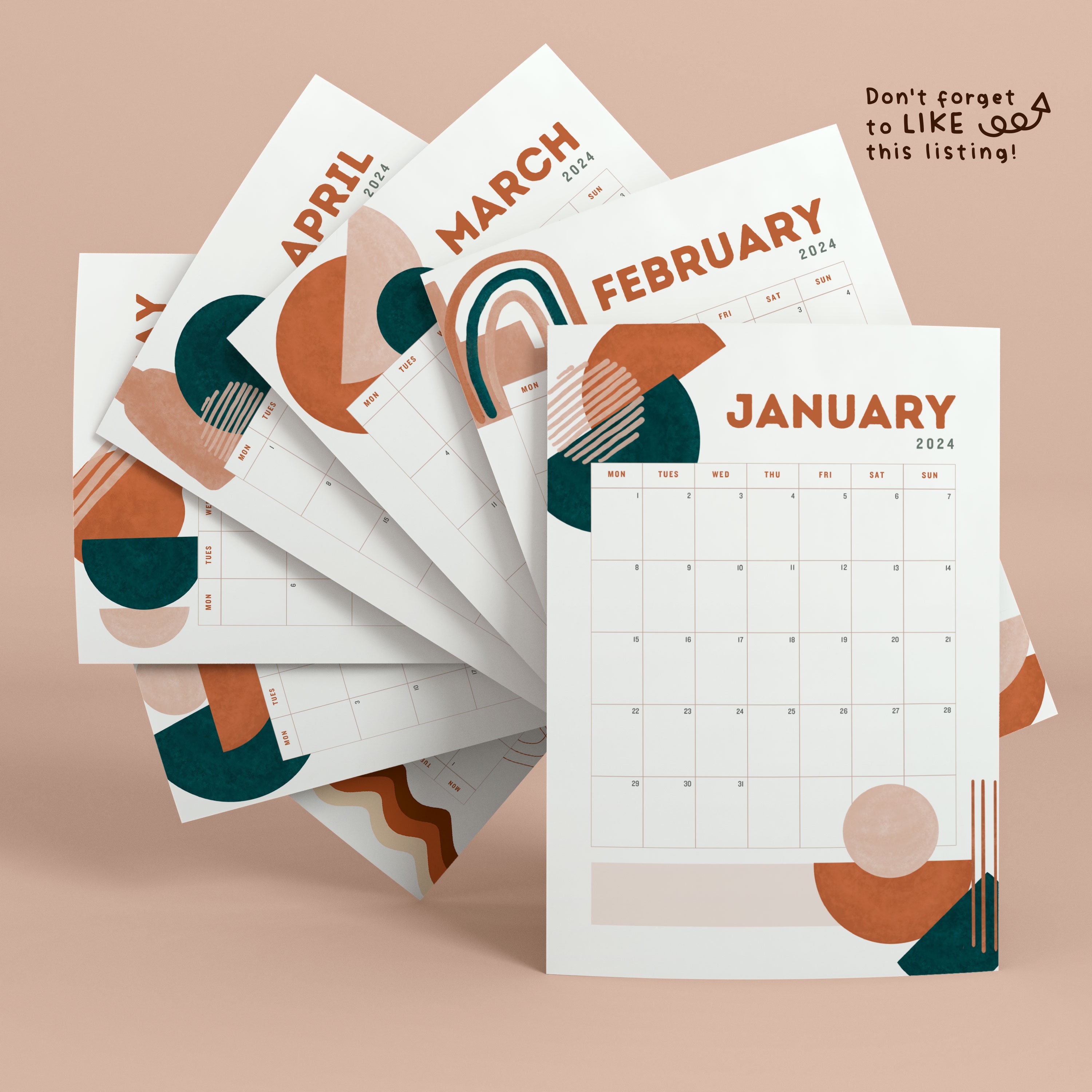 2024 Calendar Printable Boho Calendar Desk Calendar Monthly Do It ...