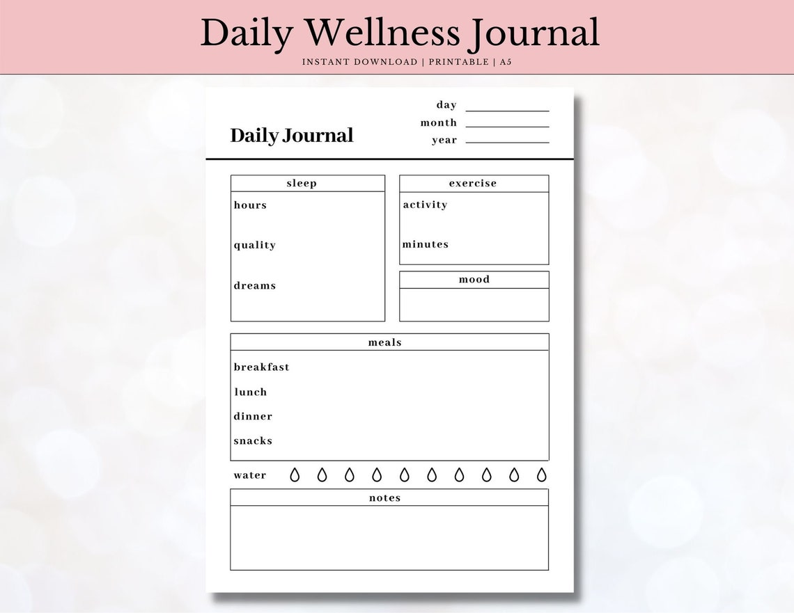 Printable Daily Wellness Journal | Self Care Diary | Food Tracker ...