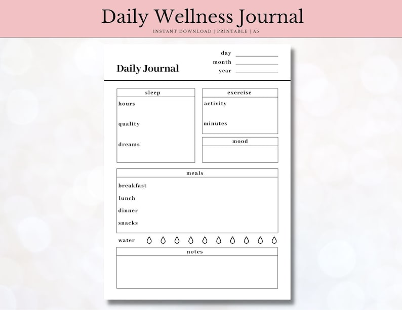 Printable Daily Wellness Journal | Self Care Diary | Food Tracker ...