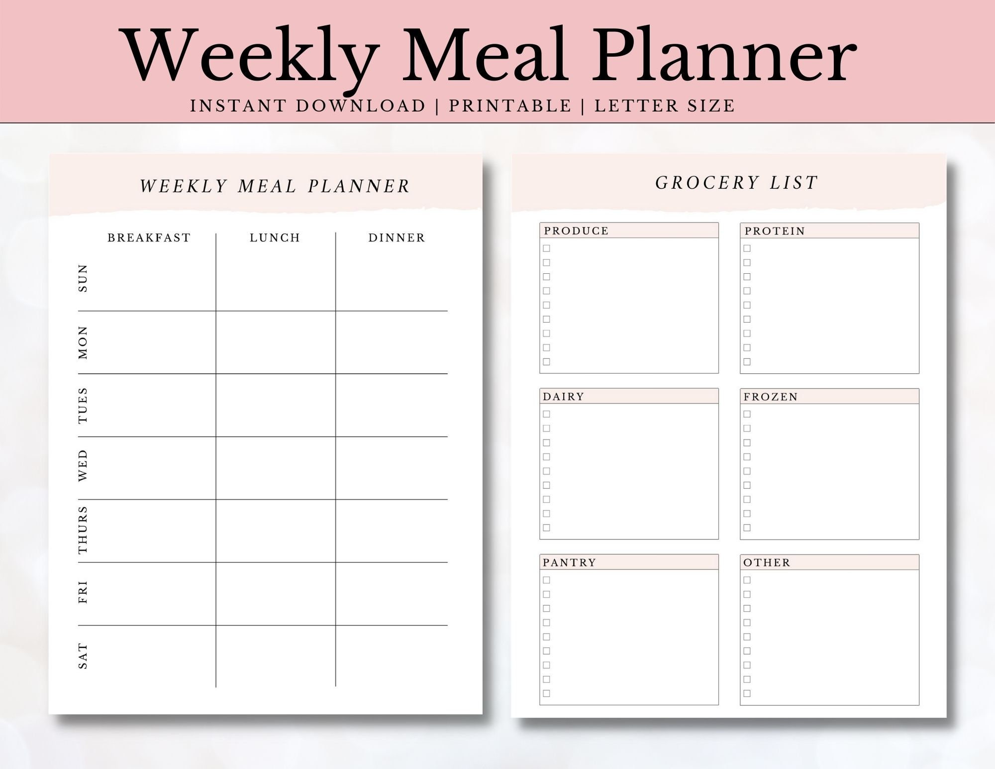 Printable Weekly Meal Planner With Grocery List and Food Journal | Menu ...