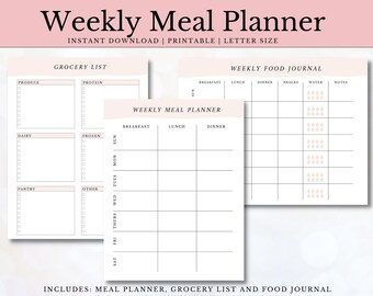 Minimalist One Page Weekly Meal Planner With Grocery List and Food ...