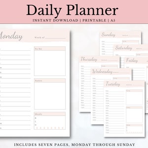 Printable Daily Planner | Diary | Schedule, Meals, Notes, to Do List ...