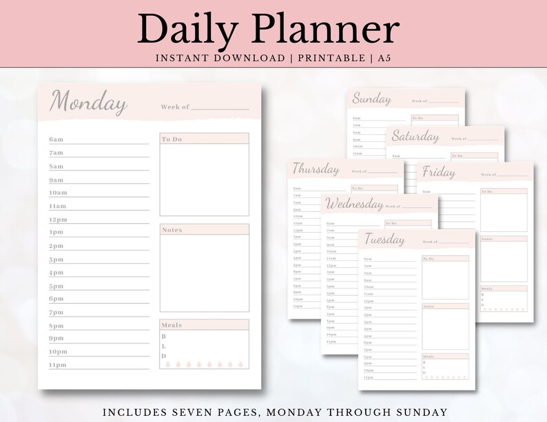Printable Daily Planner | Diary | Schedule, Meals, Notes, to Do List ...