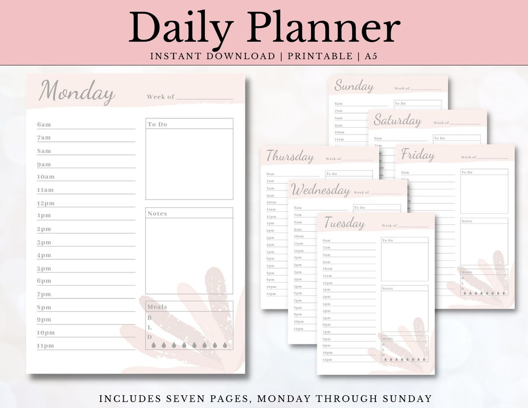 Printable Floral Daily Planner Diary Schedule, Meal Tracker, Notes, to ...
