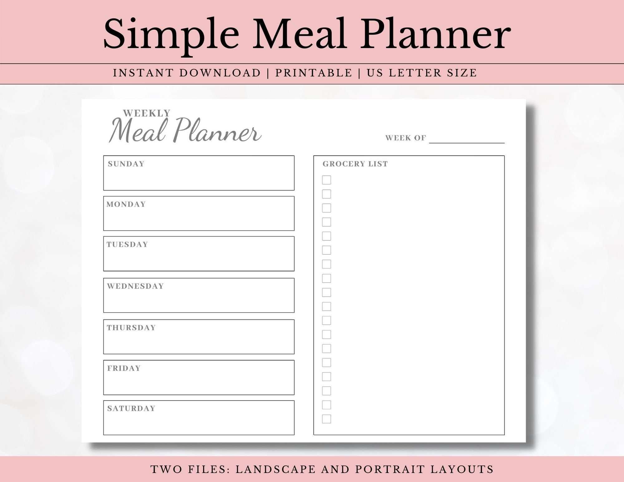 Minimalist One Page Weekly Meal Planner With Grocery List and Food ...