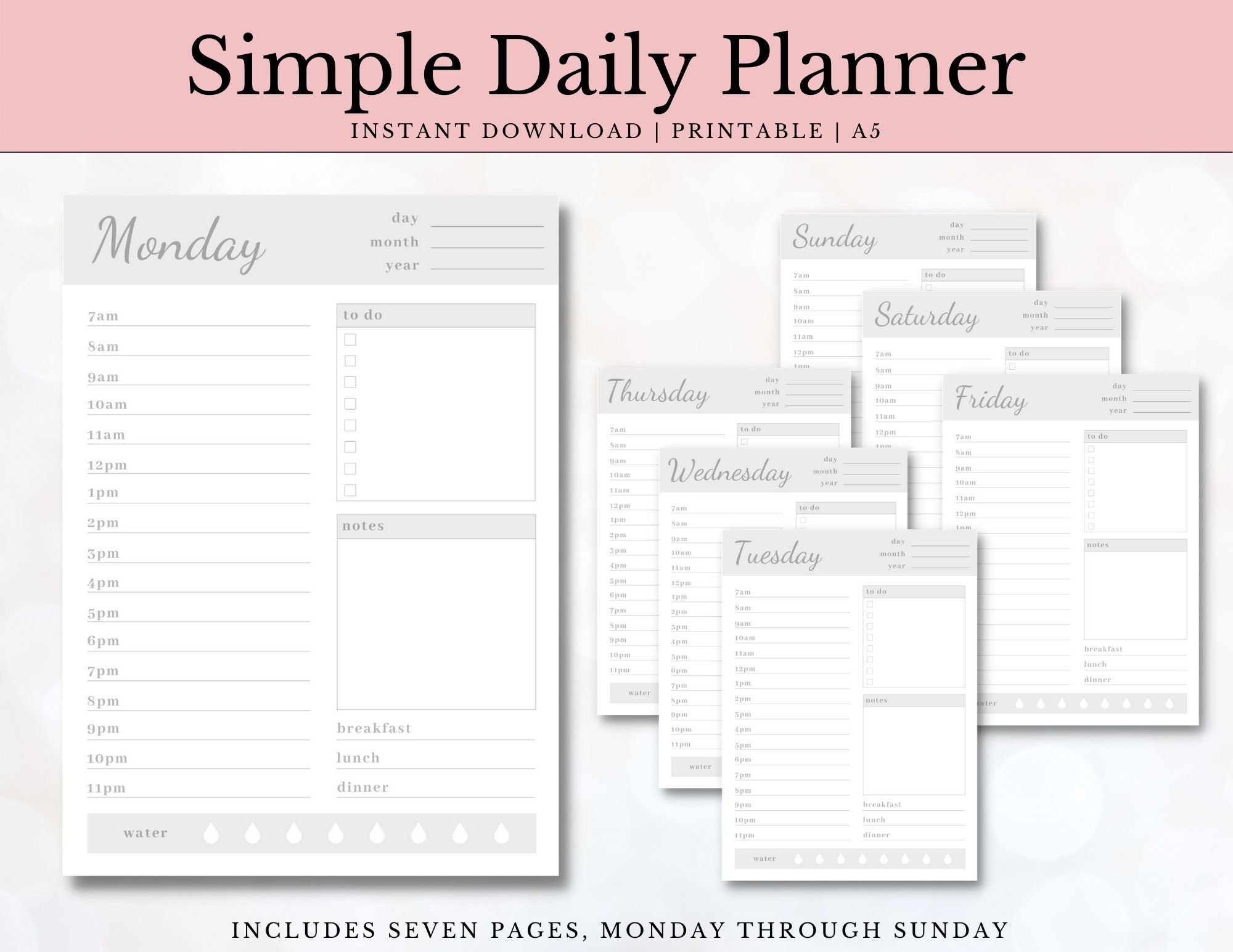 Printable Daily Planner | Daily Schedule, Meal Tracker, Notes, to Do ...