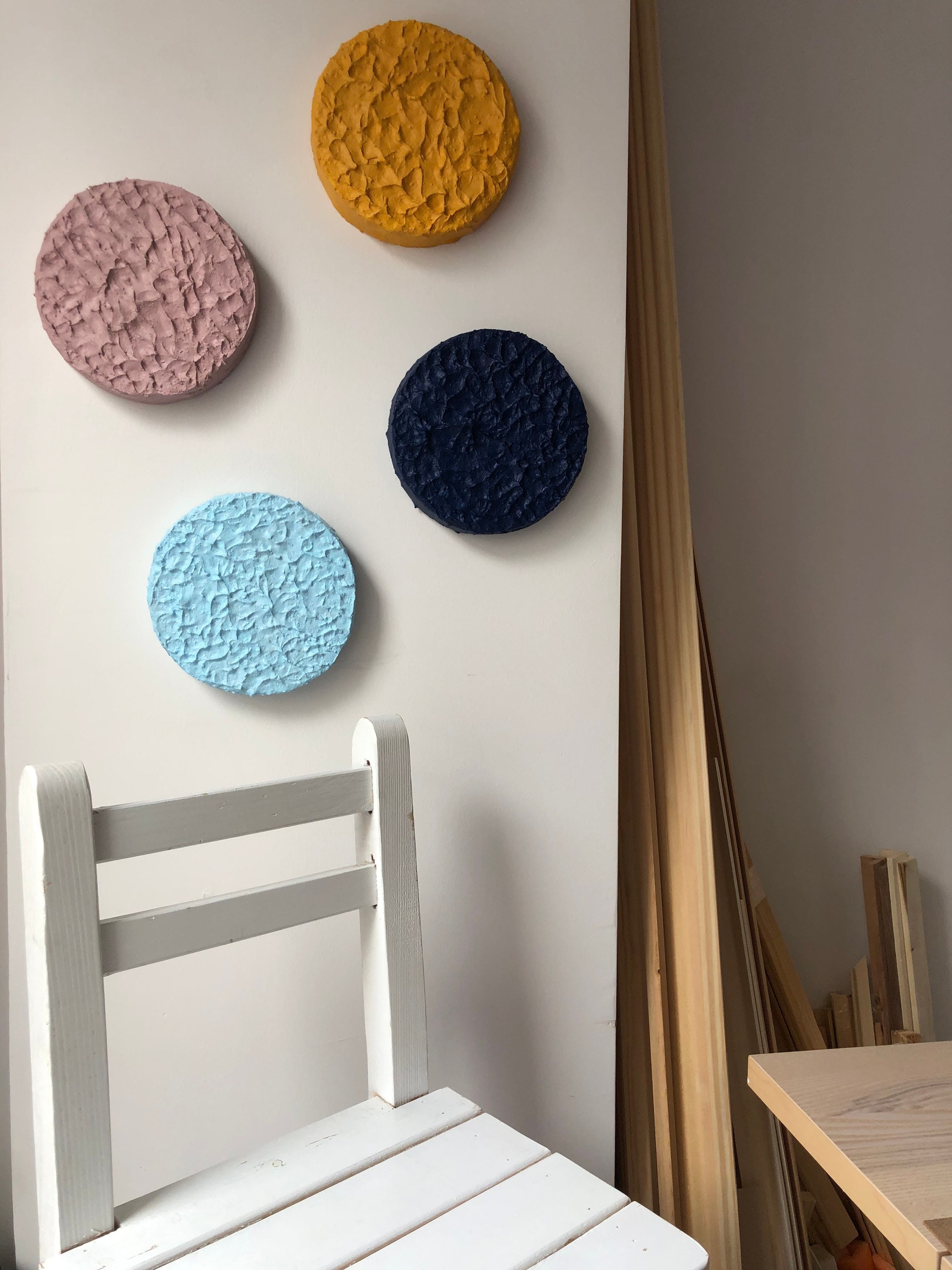 Plaster Circular Wall Art, Textured Colored Artwork Set of 4 ...