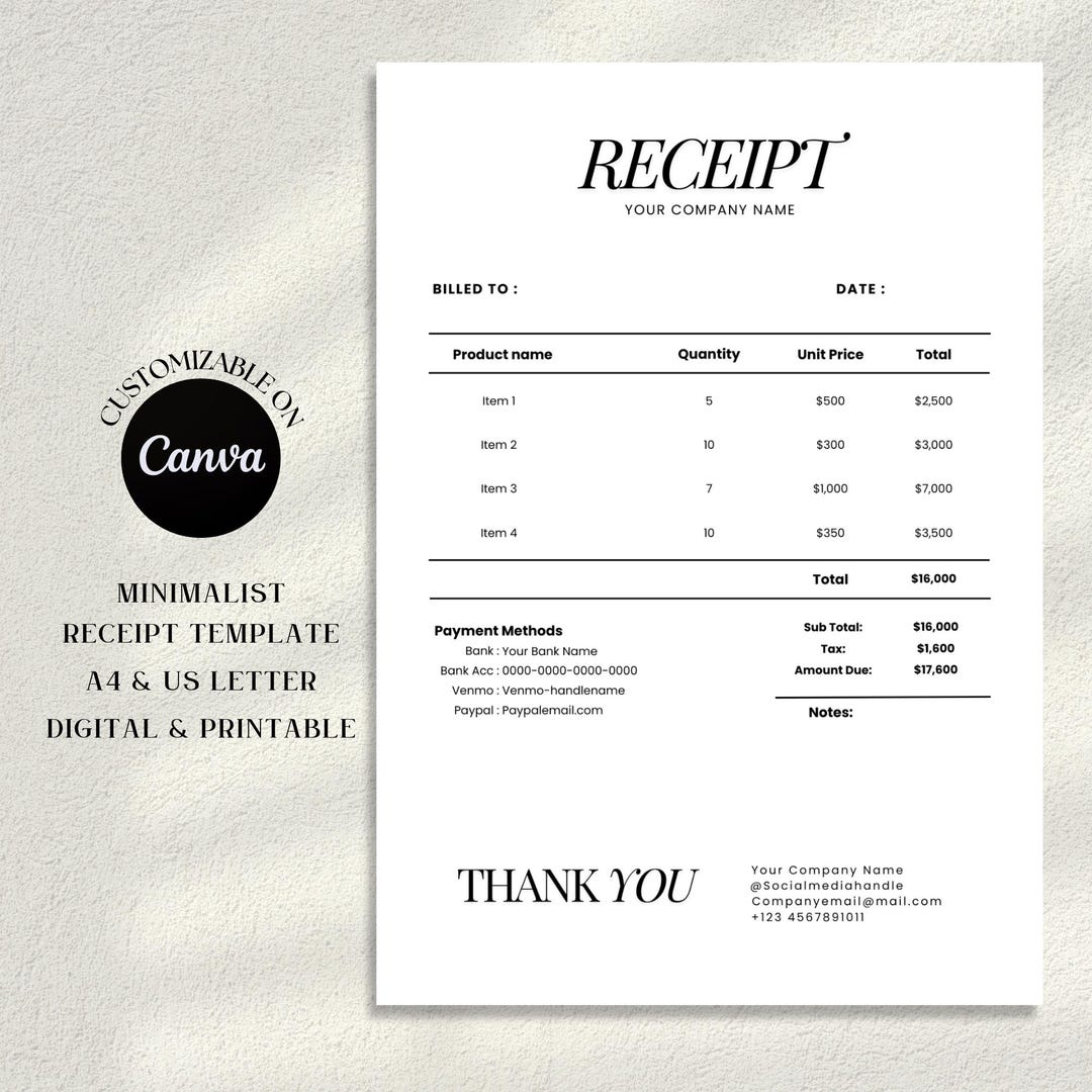 Receipt Template - Minimalist Business Receipt, Small Business Template ...