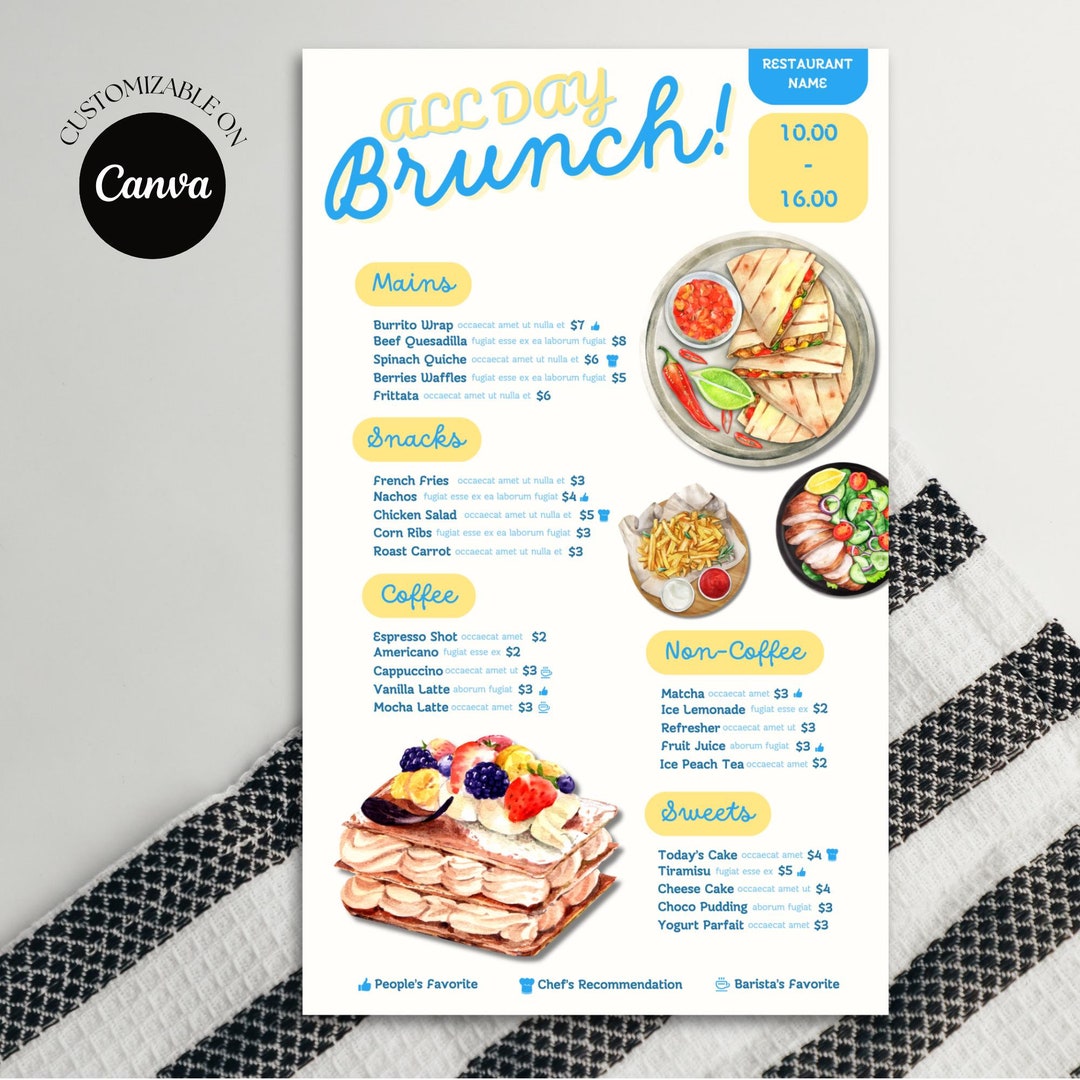 Brunch Restaurant Menu Template, Fun Menu Template, Editable Menu ...