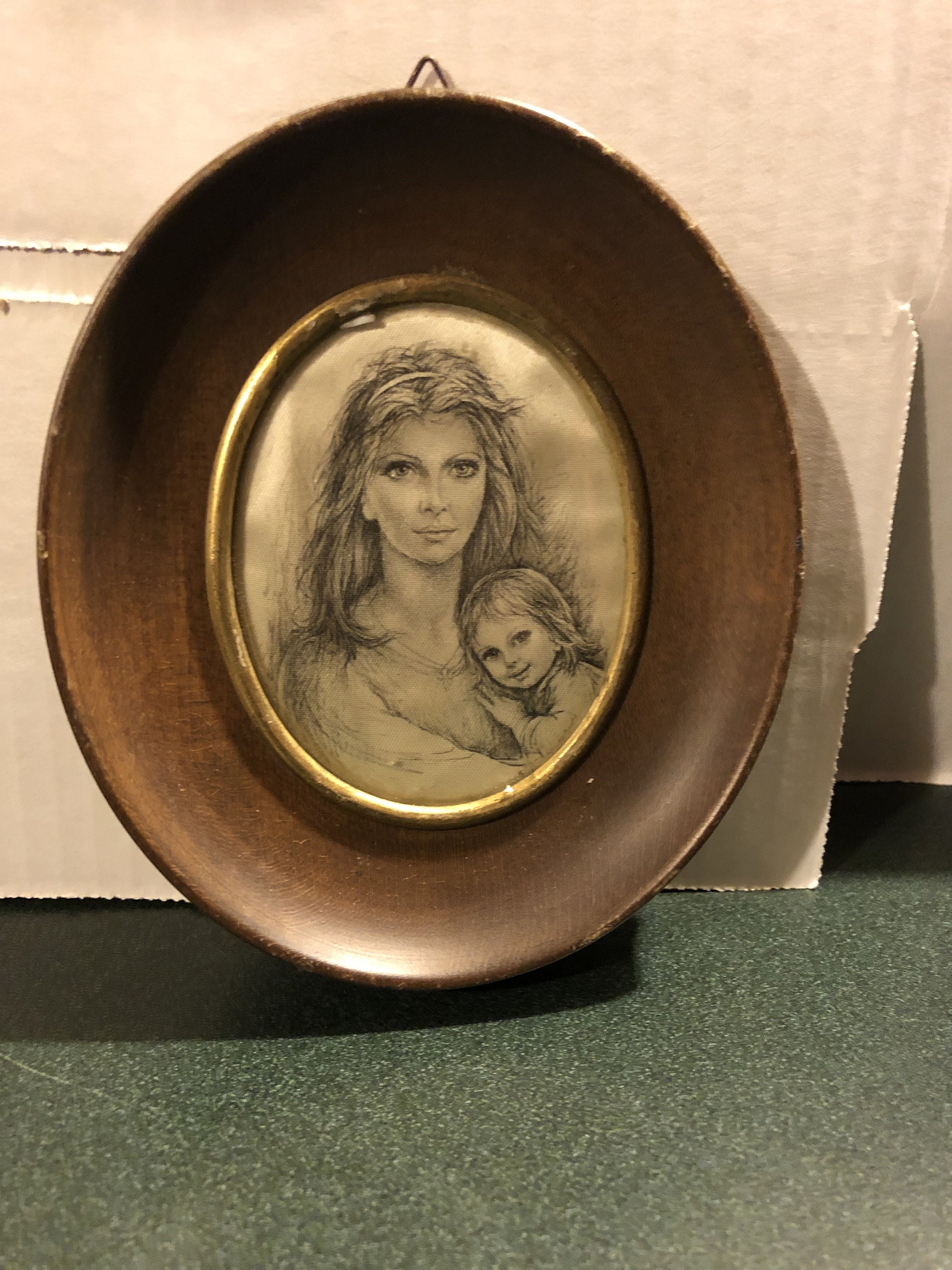 Antique Small Wooden Oval Frame With Mother and Child Picture on Silk ...