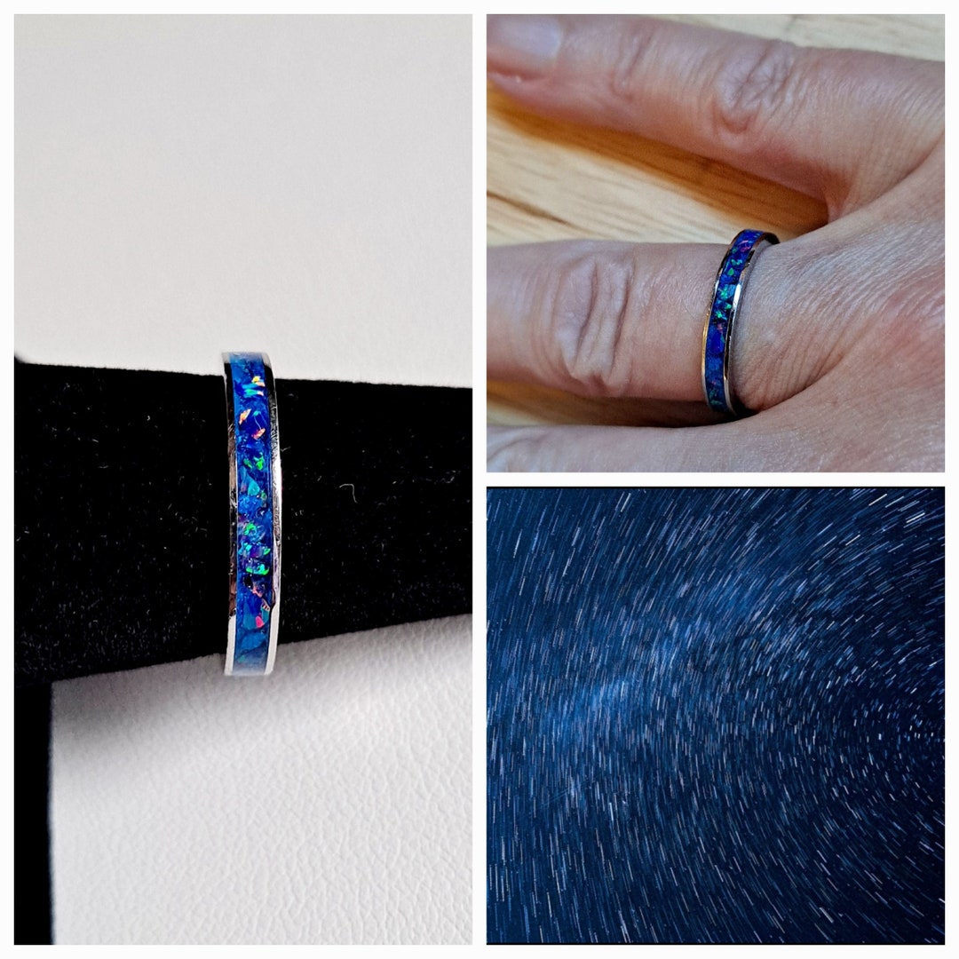 Unisex Starry Night Opal 3mm Stainless Steel Band Ring Wedding ...