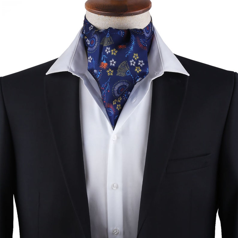 Royal Blue Floral Ascot Tie: Elegant Satin Cravat Scarf - Etsy