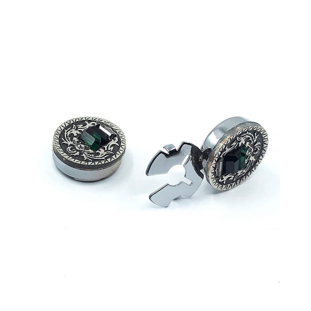 Elegant Vintage-style Snap Cufflinks for Men - Silver & Green Gemstone ...