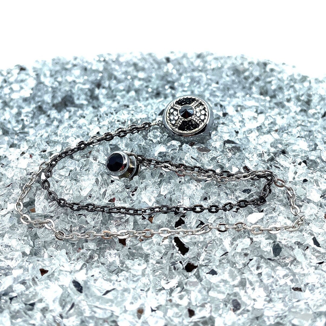 Buy Vintage Black Stone Lapel Pin: Silver Double Chain Suit Brooch ...