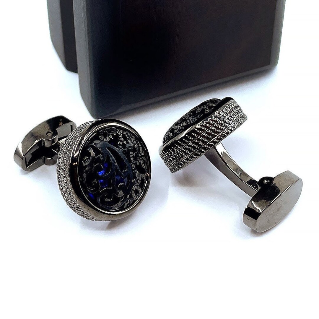 Dark Gray Blue Stone Embroidered Cuff Links, Mens Cufflinks With Wooden ...
