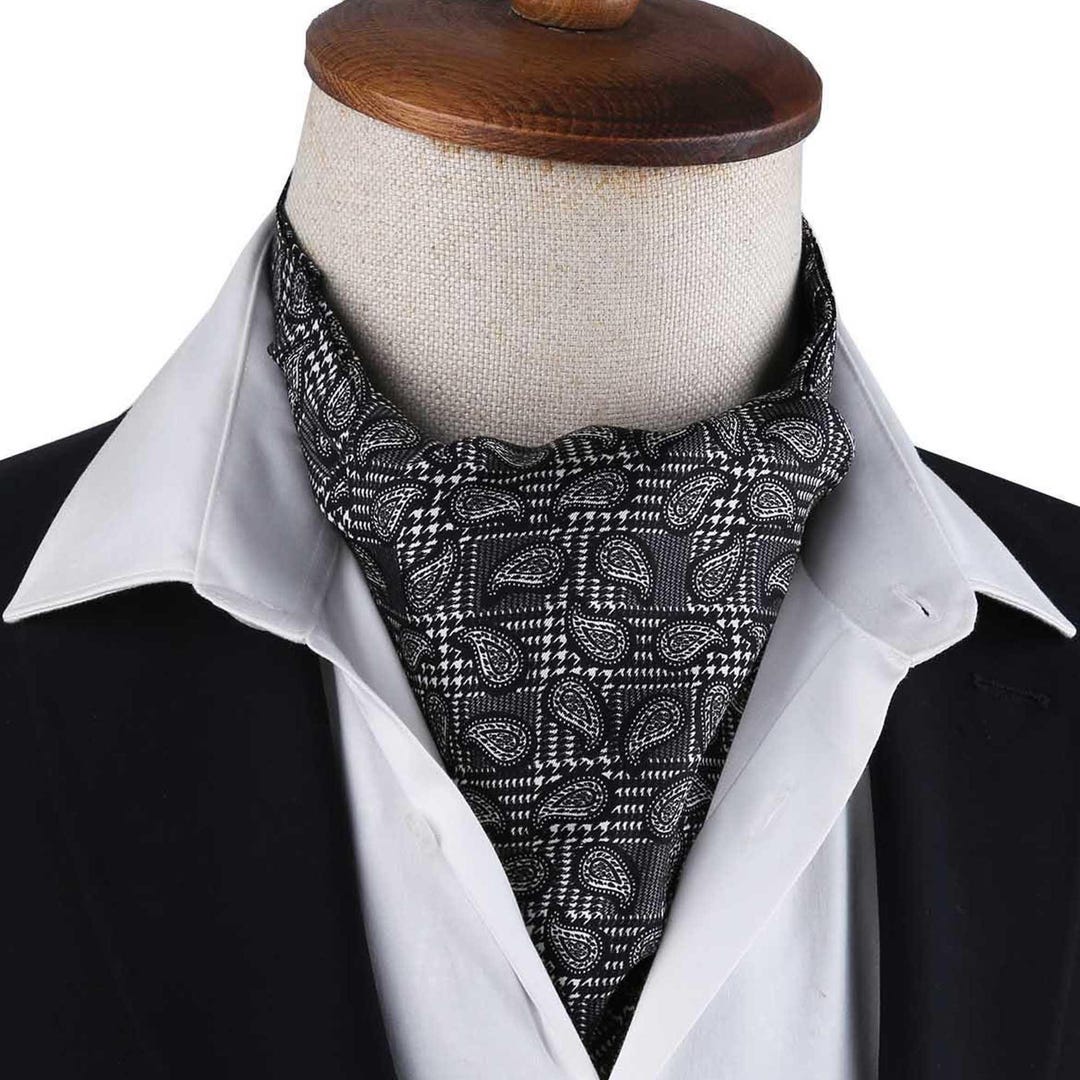 Men's Pure Silk Black Paisley Ascot Tie - Luxury Handmade Formal Cravat ...