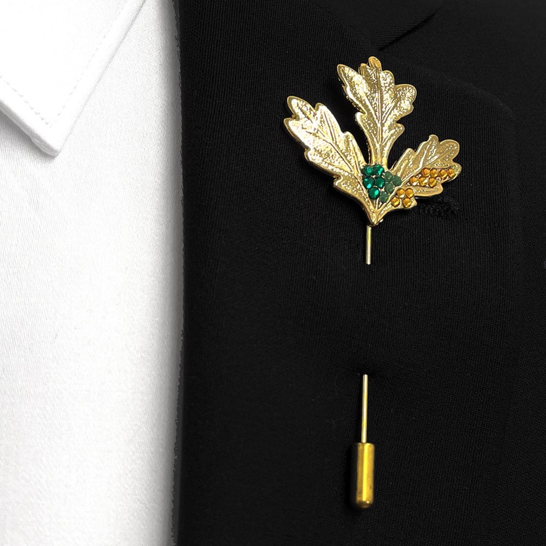 Gold Leaf Lapel Pin – Handmade Green Amber Crystal Suit Accessory - Etsy