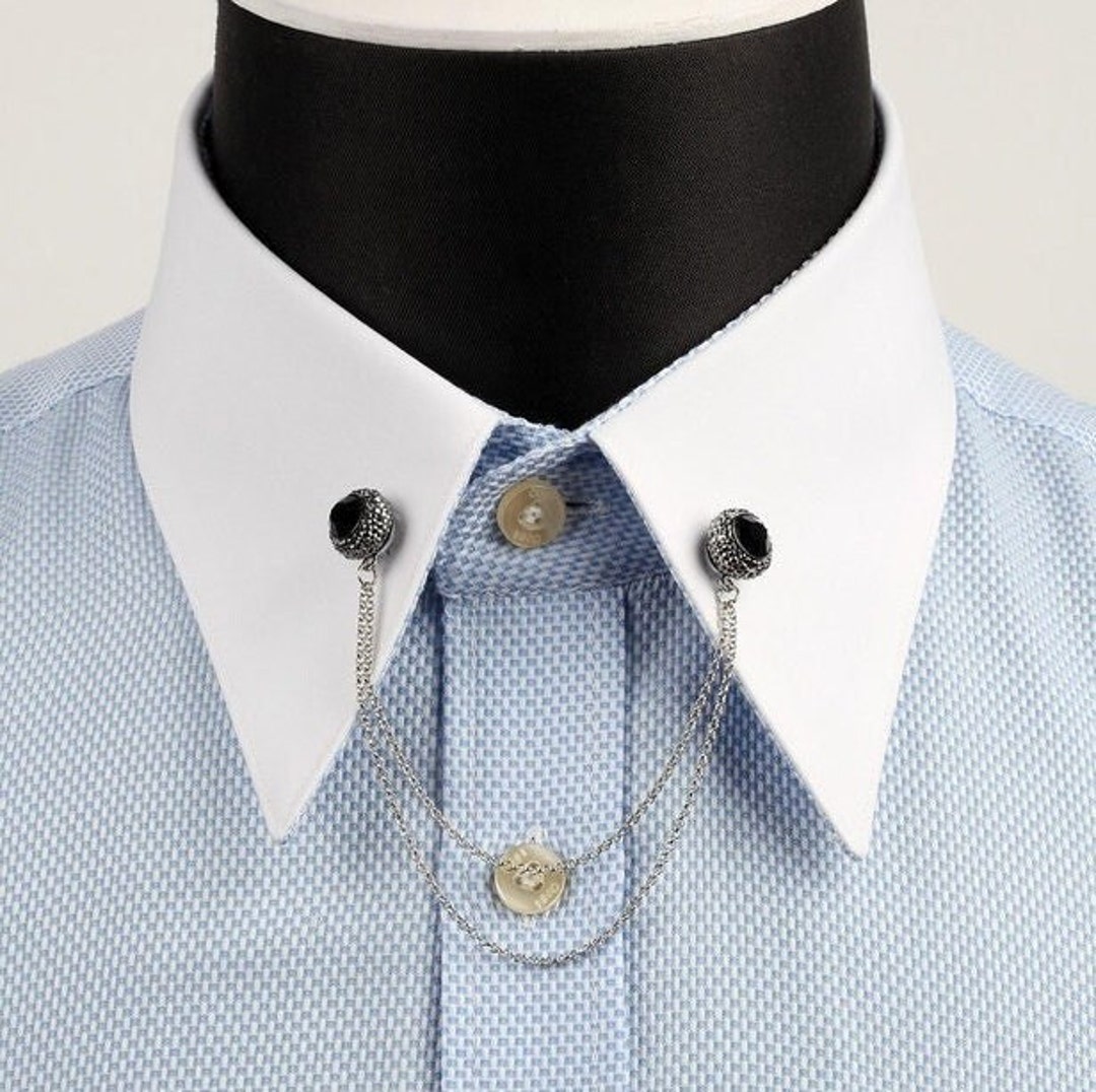 Black Stone Shirt Collar Pin, Silver Chain Collar Pin, Handmade Shirt ...