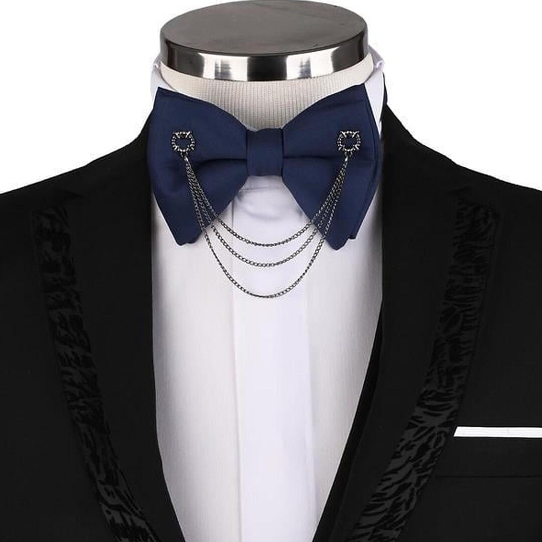 Groomsmen Navy Blue Chain Bow Tie – Unique Handmade Tuxedo Bowtie ...