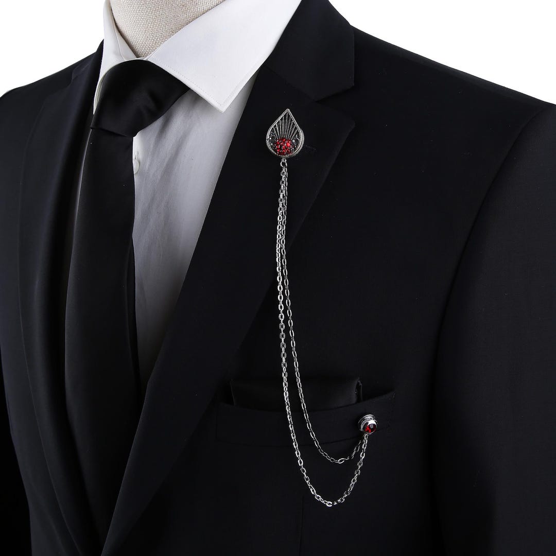 Handmade Silver Lapel Chain Brooch With Red Gemstone - Elegant Tear ...