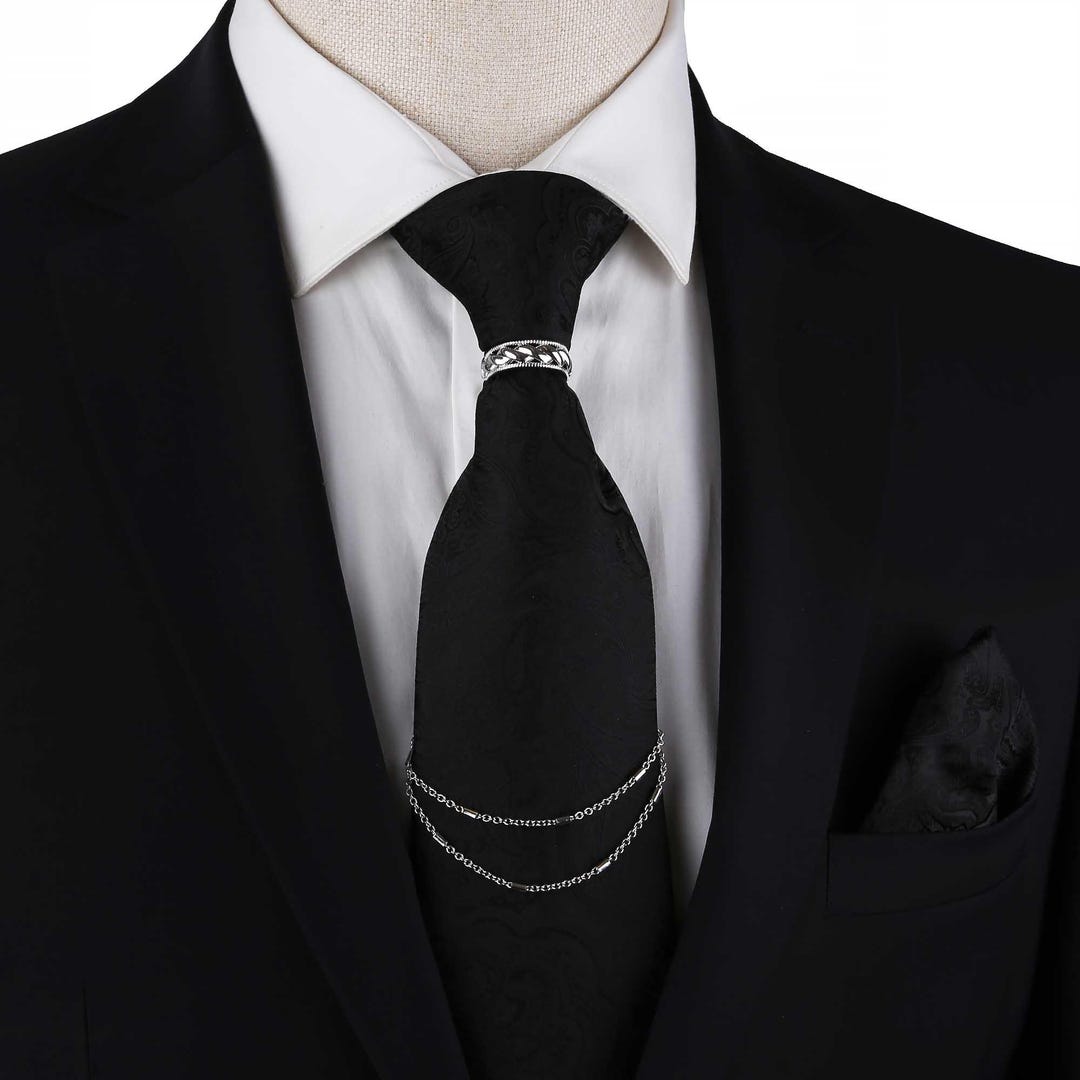 Vintage Silver Tie Ring & Double Chain Set: Men's Formal Accessory - Etsy