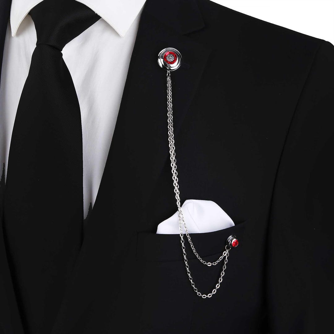 Red Gem Lapel Pin Chain: Silver Tuxedo Brooch, Groomsmen Wedding ...
