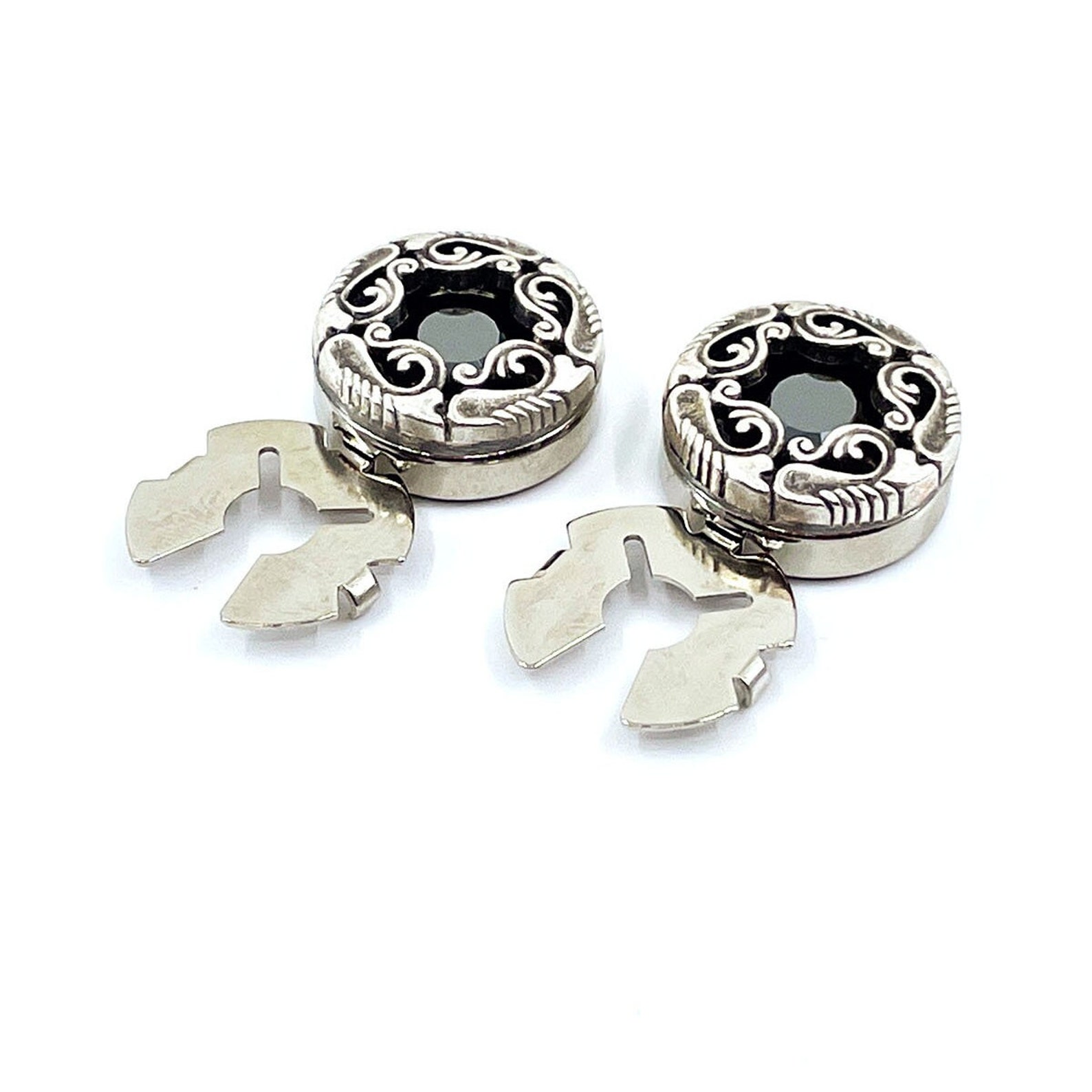 Vintage Silver Shirt Button Covers: Intricate Black Stone Design - Etsy