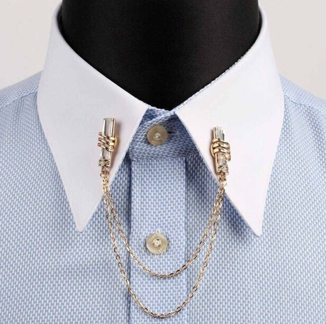 Gold Color Collar Pin for Shirt, Clear Stone Collar Pin With Chain ...