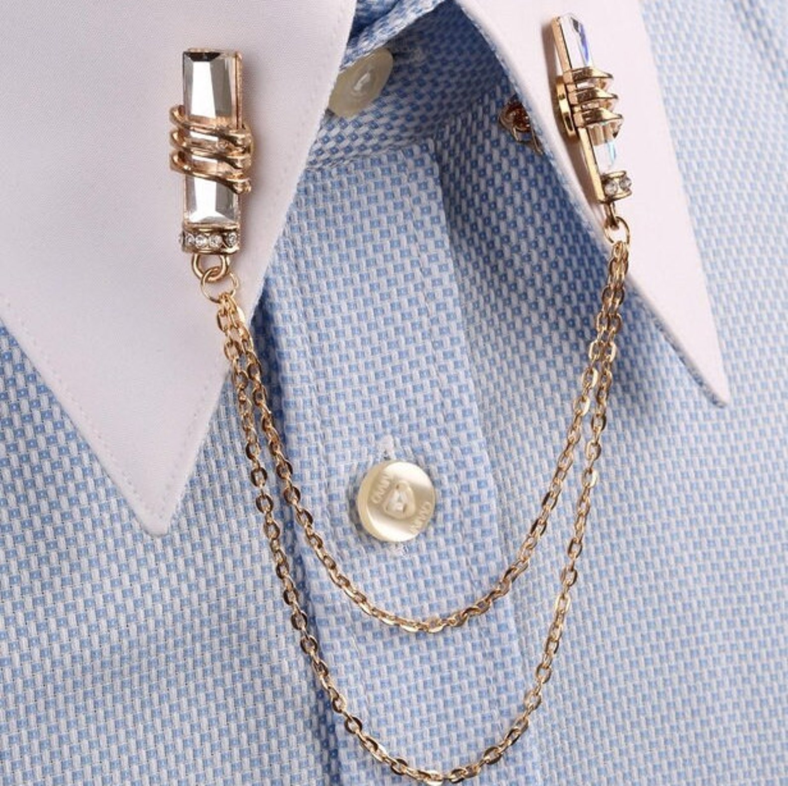 Gold Color Collar Pin for Shirt, Clear Stone Collar Pin With Chain ...