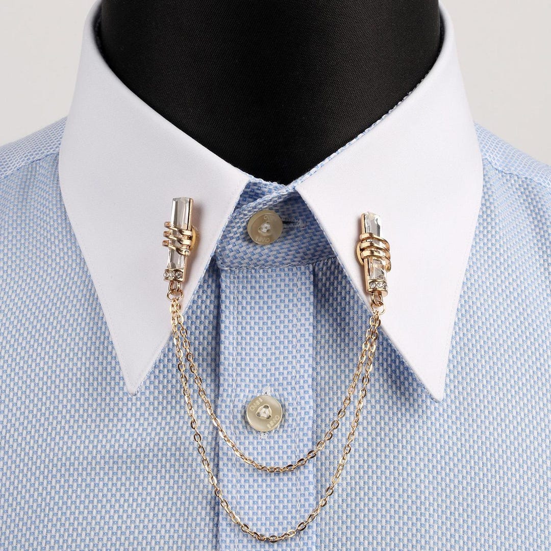 Gold Color Collar Pin for Shirt, Clear Stone Collar Pin With Chain ...