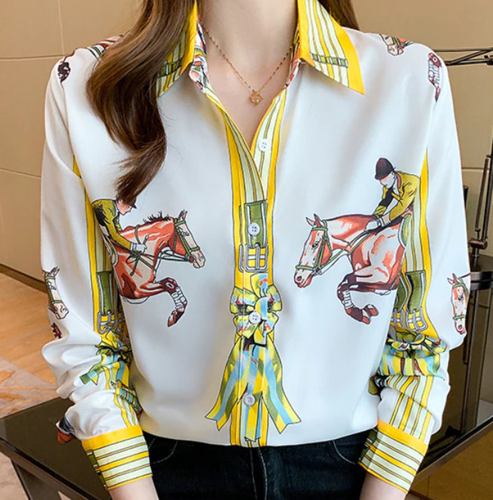 Casual Ladies Horse Print Equestrian Blouse Top Shirt by - Etsy