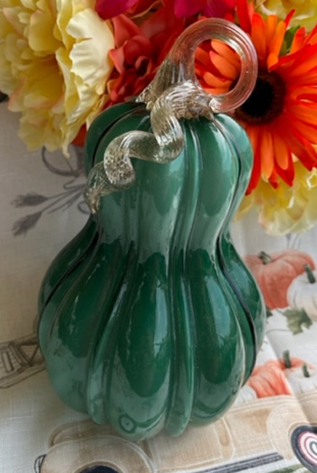 Custom Hand Blown Glass Pumpkin, Long Curly Stem Design, Tall Green ...