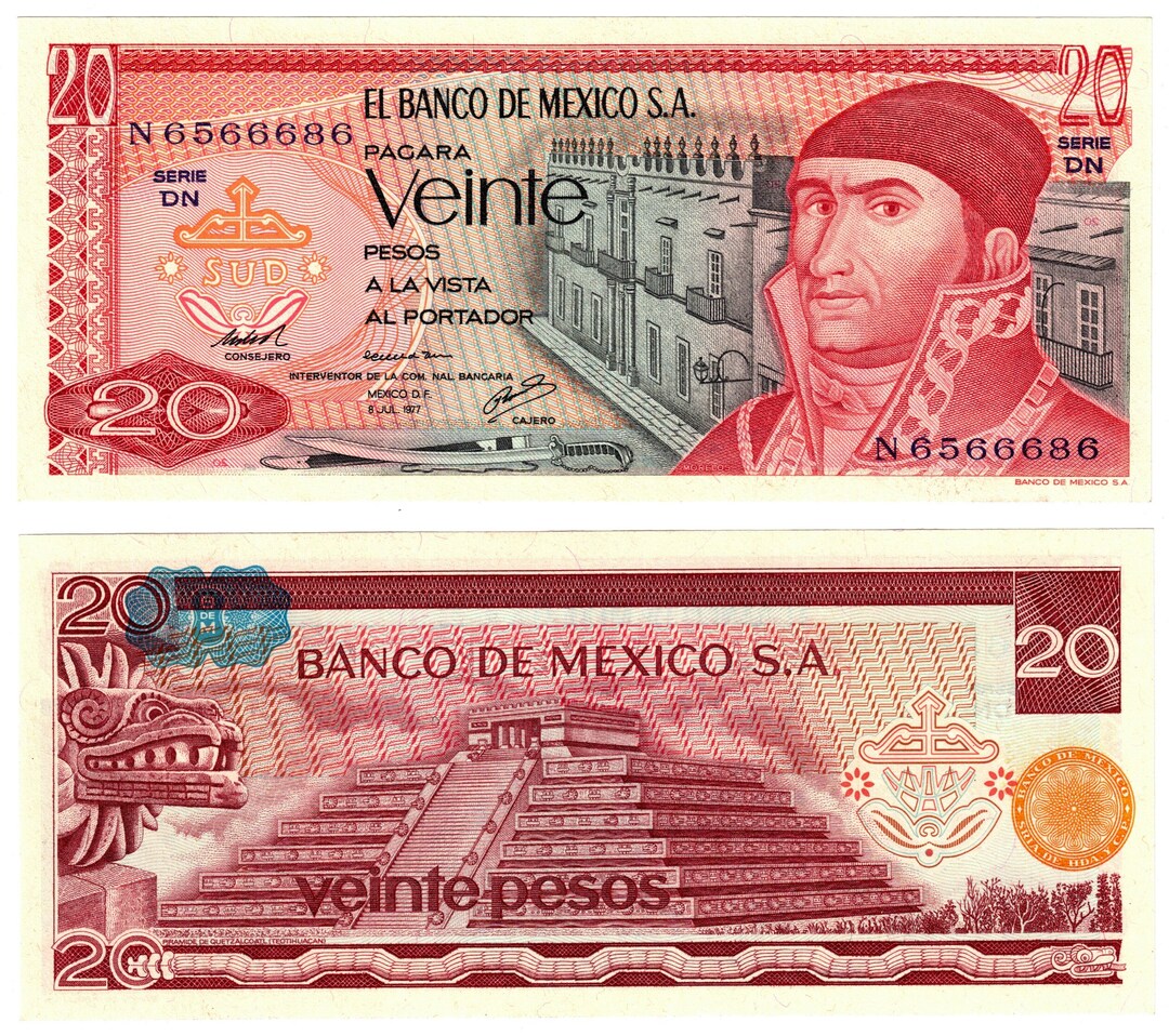 1977 Mexico 20 Pesos P64d4 UNC Banknote Serie DN - Etsy