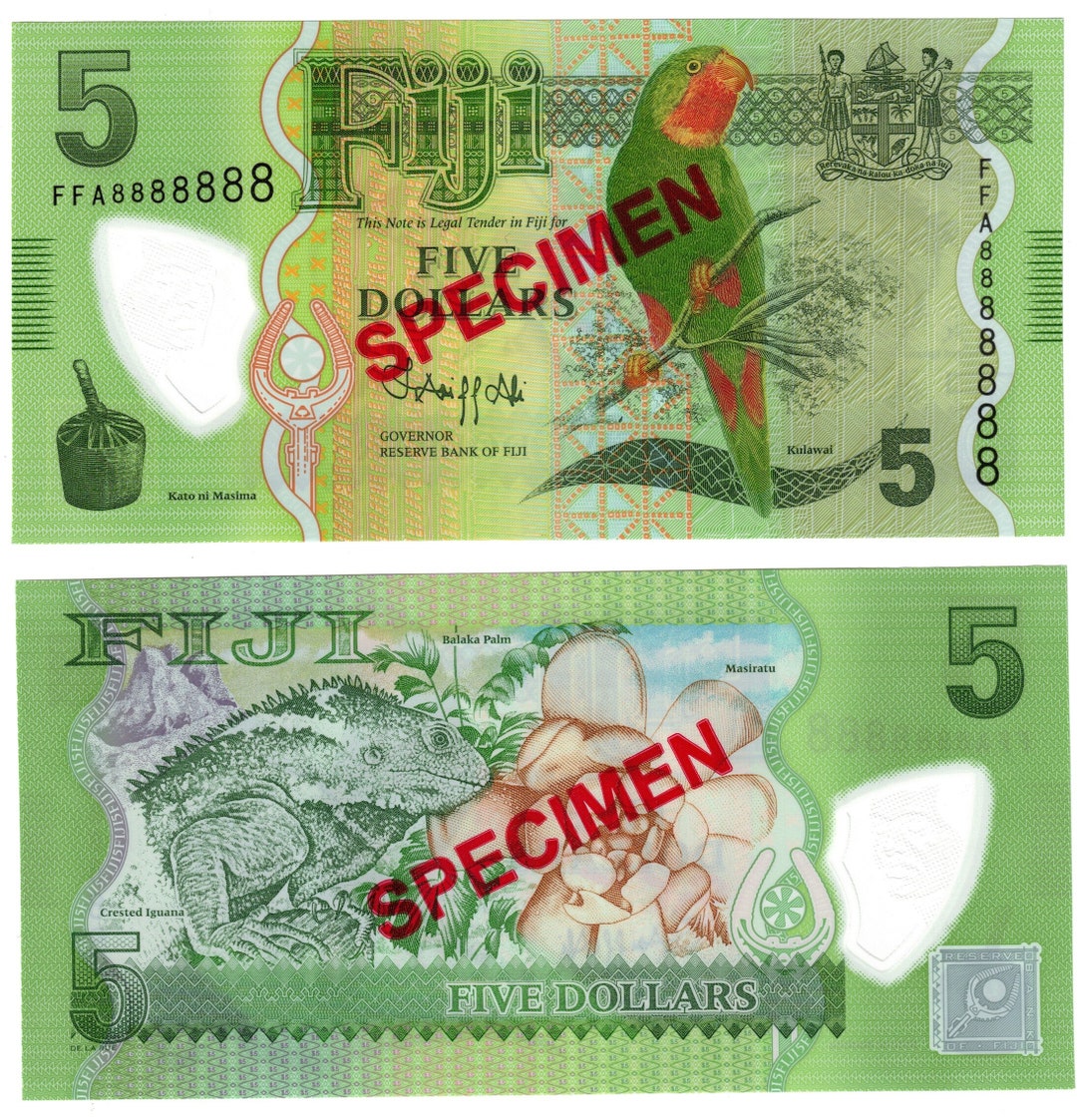 2023 Fiji P115 5 Dollar Banknote UNC Birds Flora Fauna Speimen Solid 8 ...