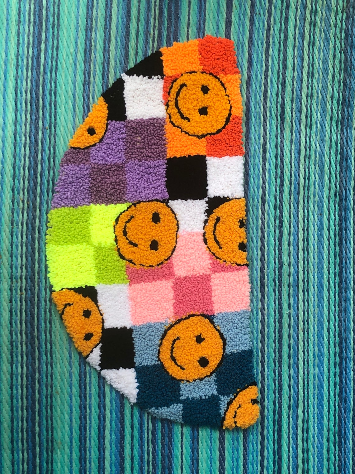 Smiley Face Half Circle Rug | Black and White Checkerboard | Smiley ...