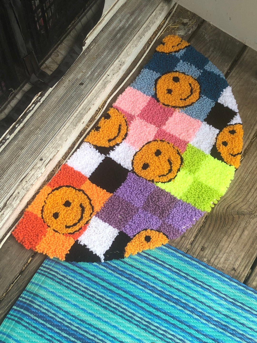 Smiley Face Half Circle Rug | Black and White Checkerboard | Smiley ...