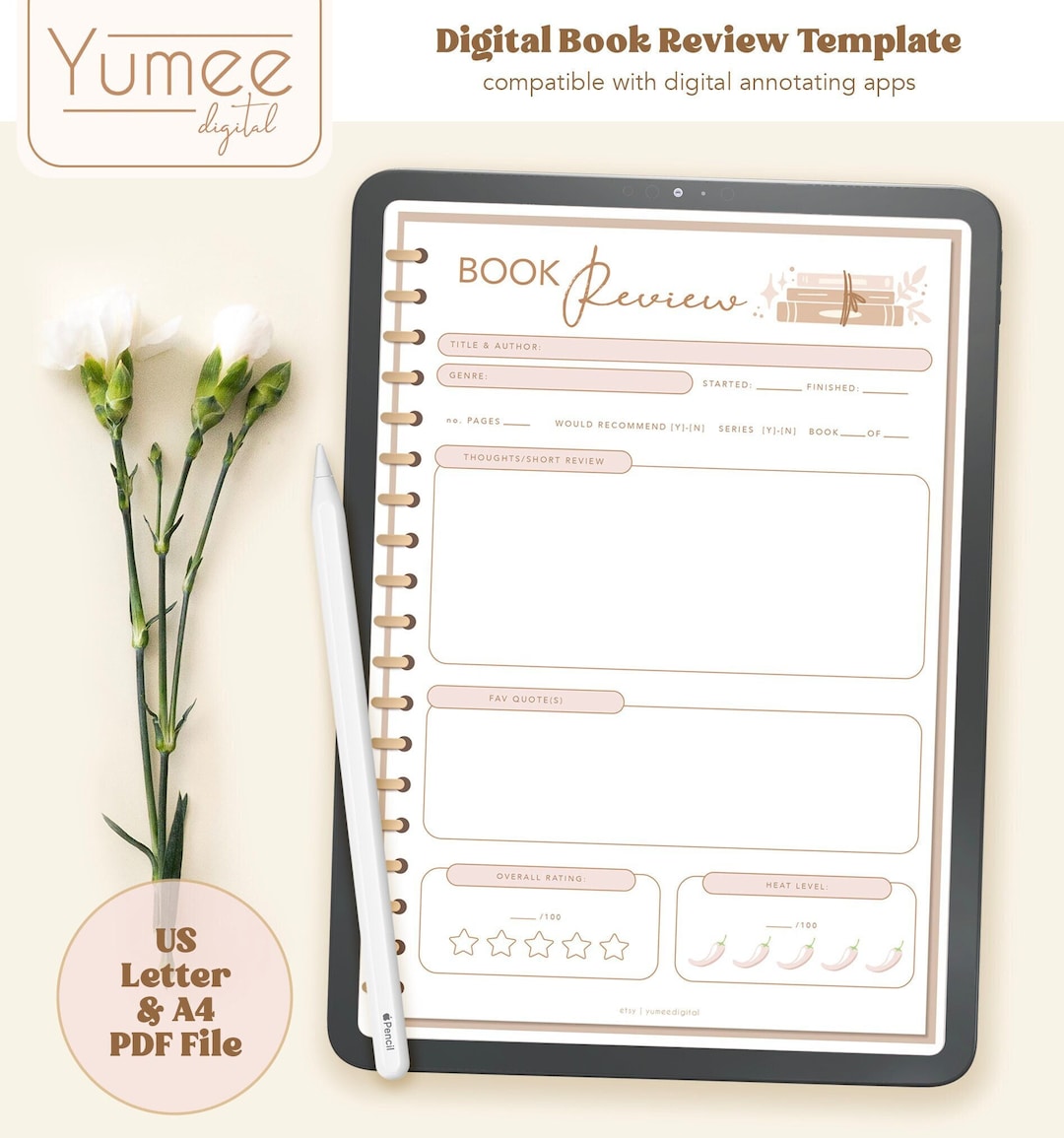 Digital Book Review PDF Template - Digital Planner Page - Reading ...