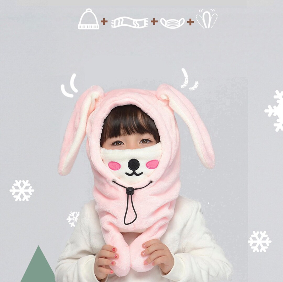 Pink Bunny Mask Hat, Moving Ears Hats, Mask Hood, Winter Hat Hoodies ...