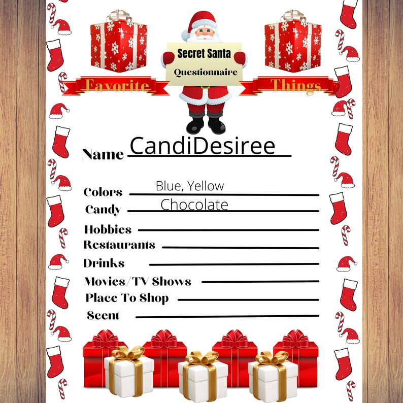 Printable Secret Santa Gift Exchange Questionnaire, Christmas Gift ...