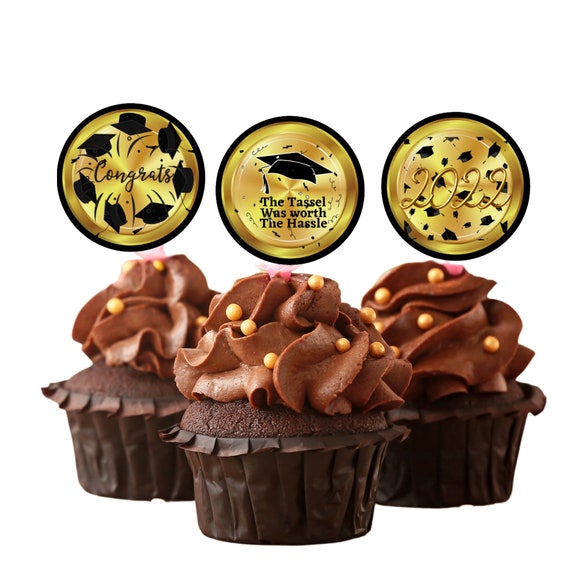 Printable Graduation Cupcake Toppers Gold and Black | Etsy