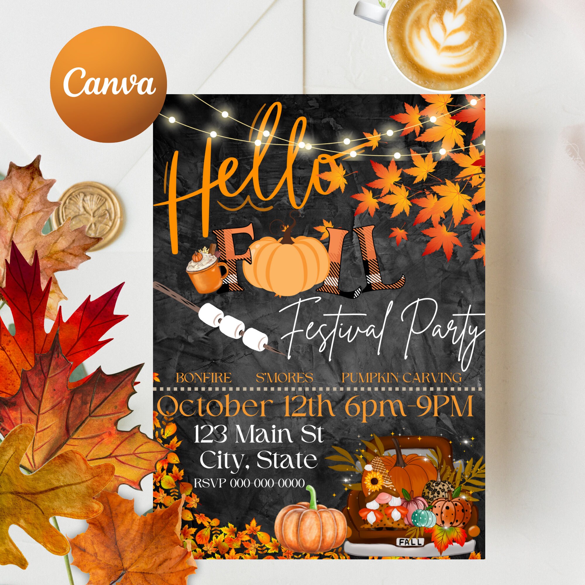 Fall Harvest Editable Instant Download Party Invite Flyer, Hello Fall ...
