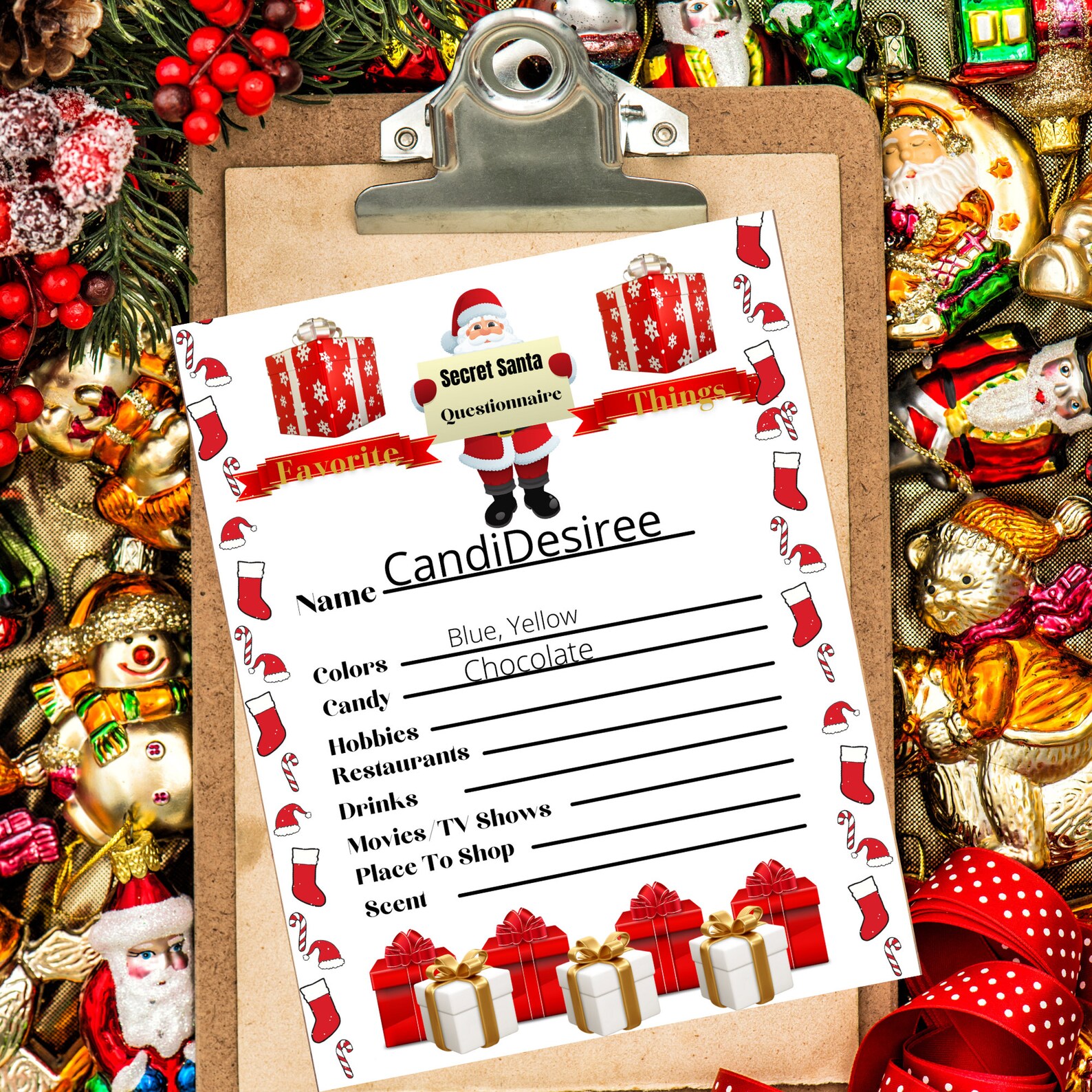 Printable Secret Santa Gift Exchange Questionnaire, Christmas Gift ...