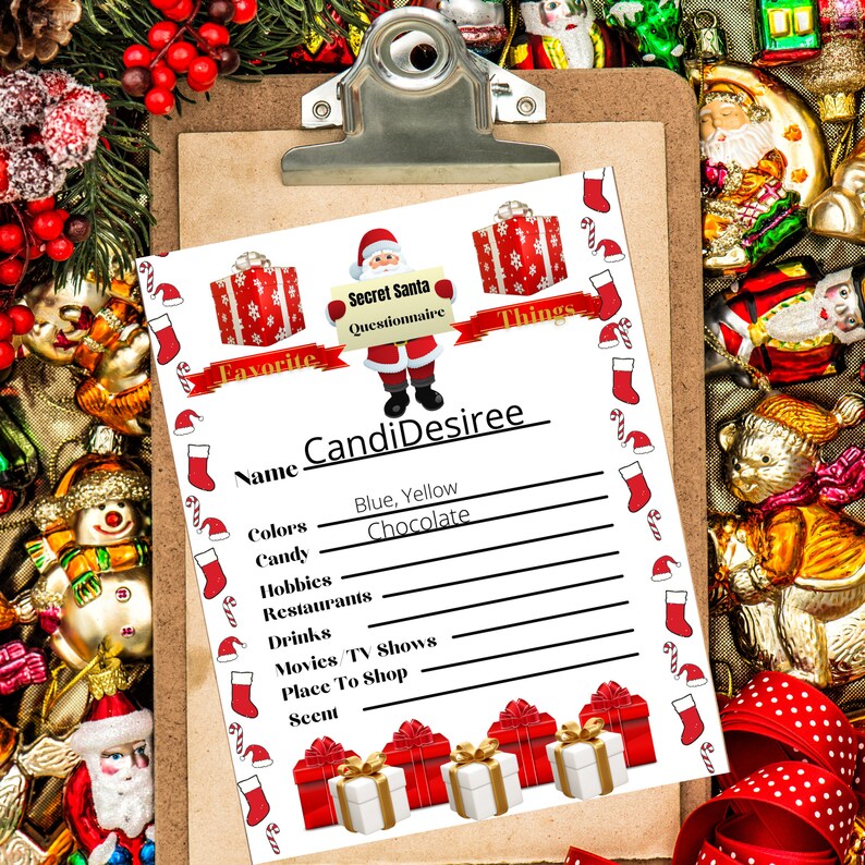 Printable Secret Santa Gift Exchange Questionnaire, Christmas Gift ...