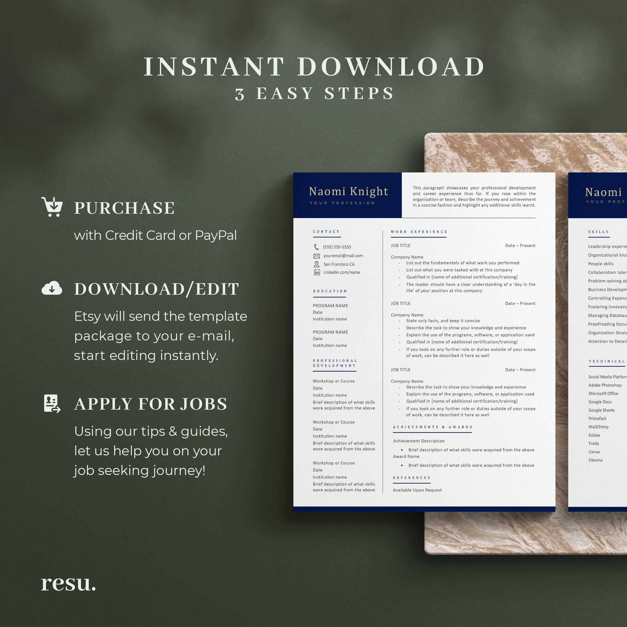Blue Resume Template One Page Resume Cv Template - Etsy