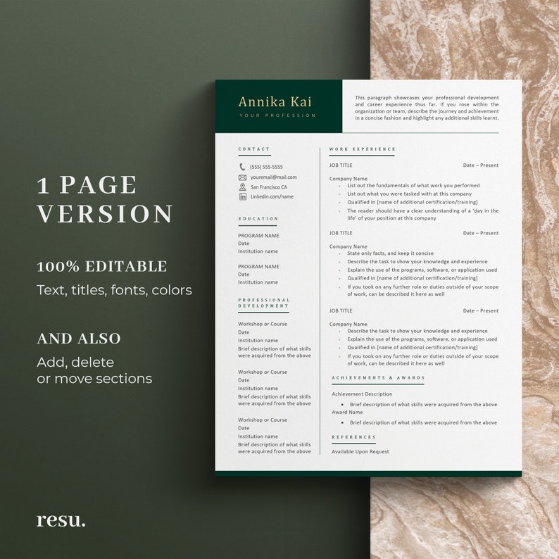 One Page Resume Template Instant Download, Cv Template Professional ...