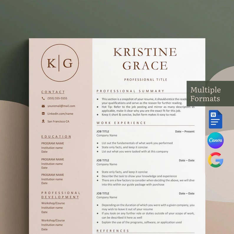 Resume Template Word, Google Docs, Professional Resume, CV Template ...