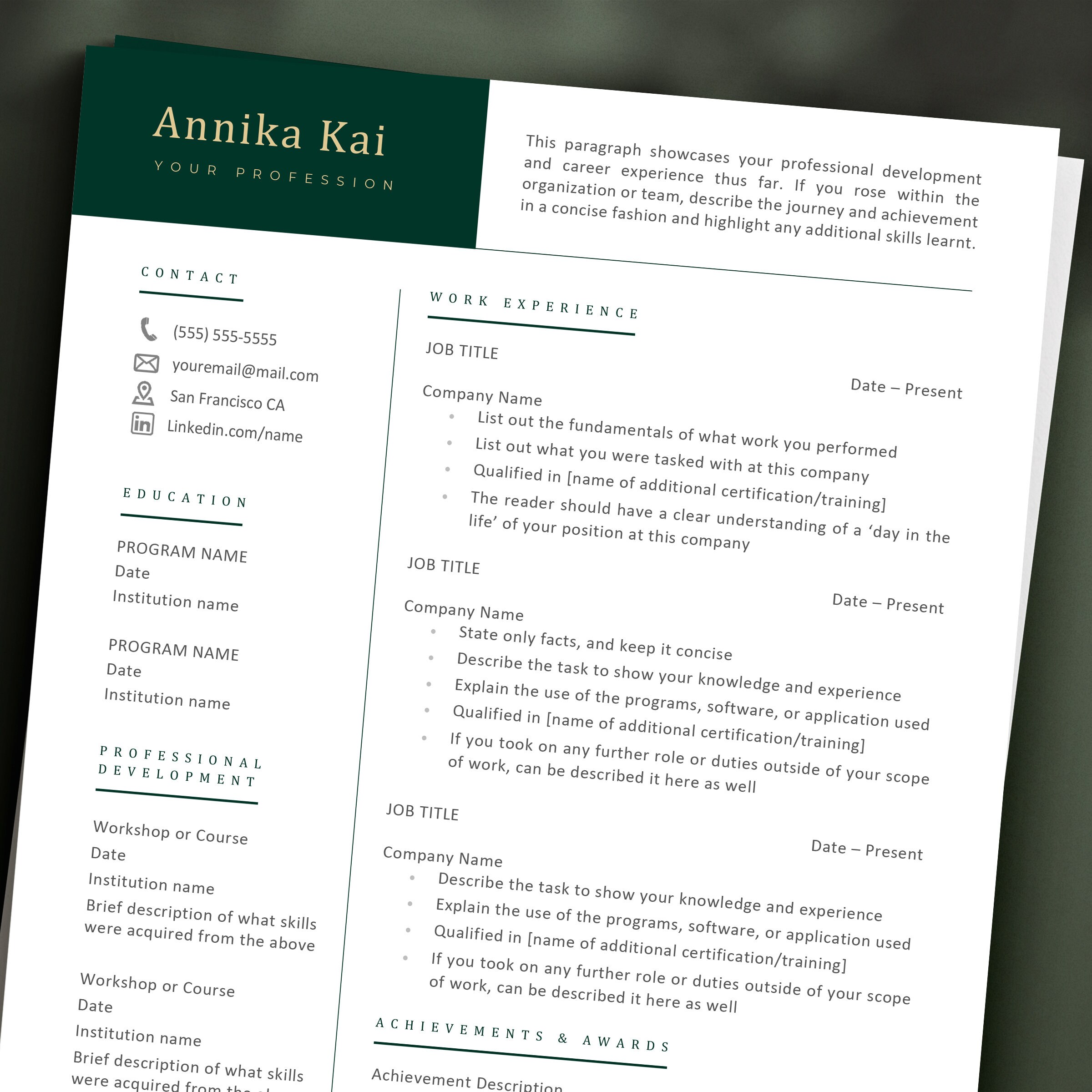 One Page Resume Template Instant Download, Cv Template Professional ...
